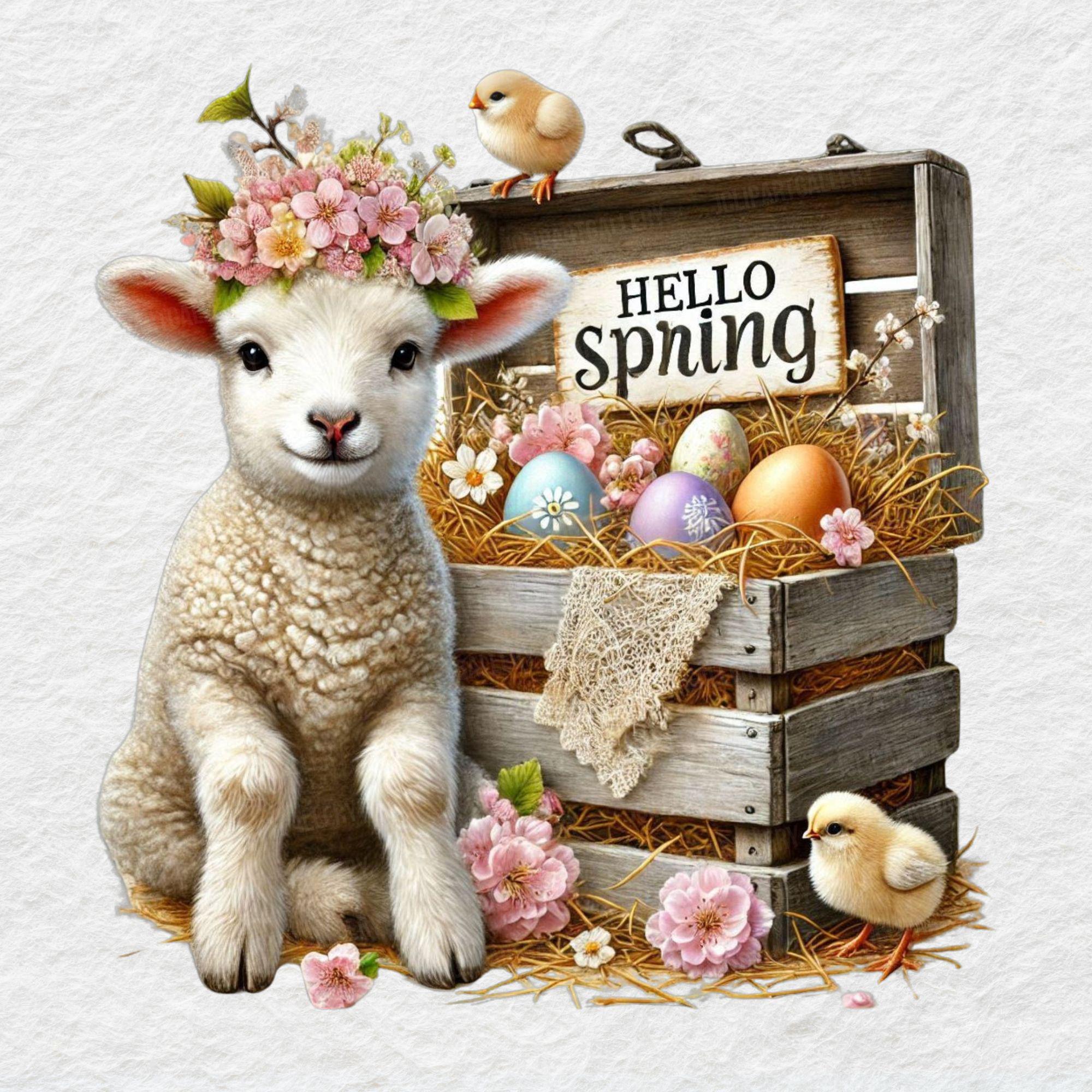 Hello Spring Lamb Clipart Png Bundle , Cute Floral Sheep PNG With ...