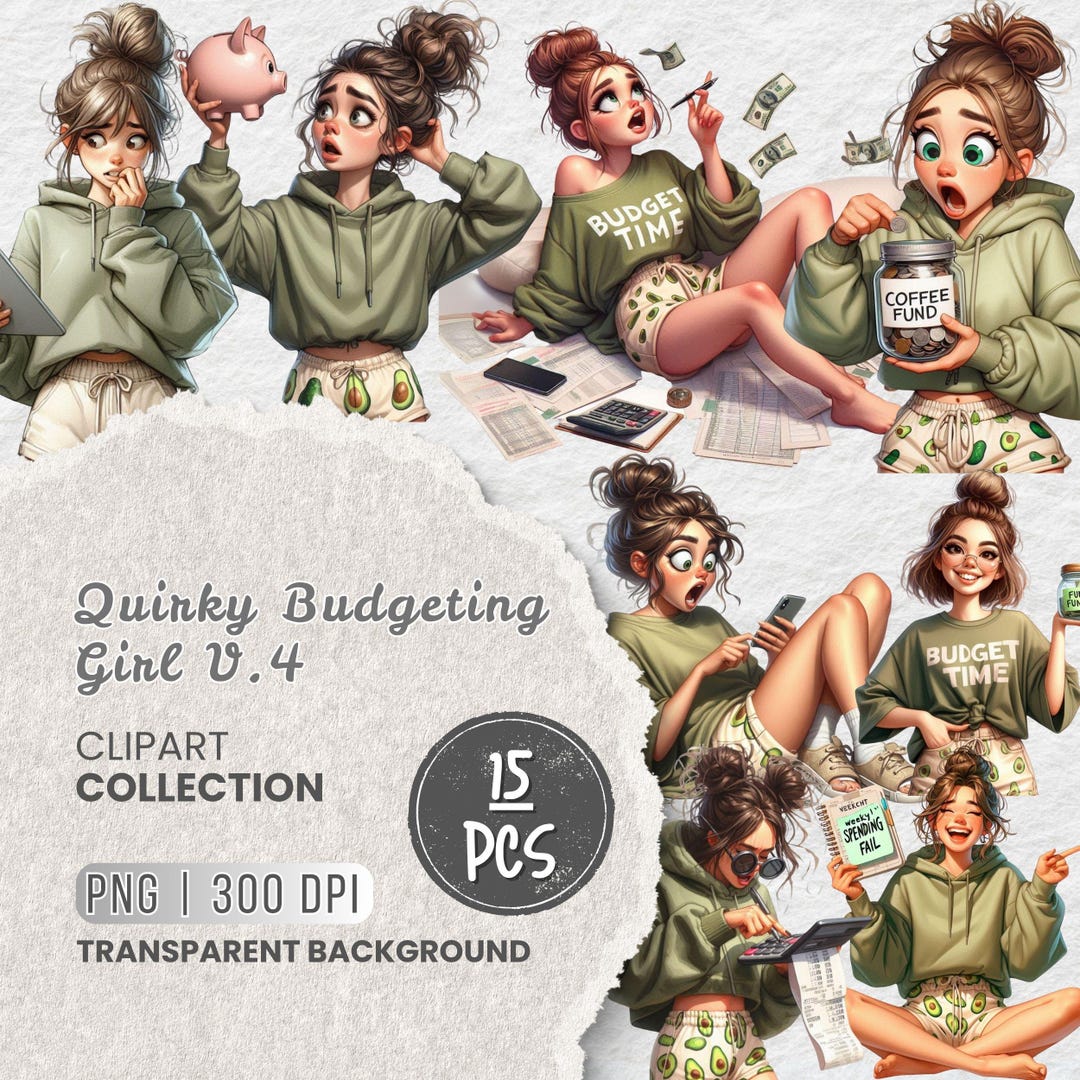 Quirky Budgeting Girls Clipart, Relatable Financial Chaos, Money Stress ...