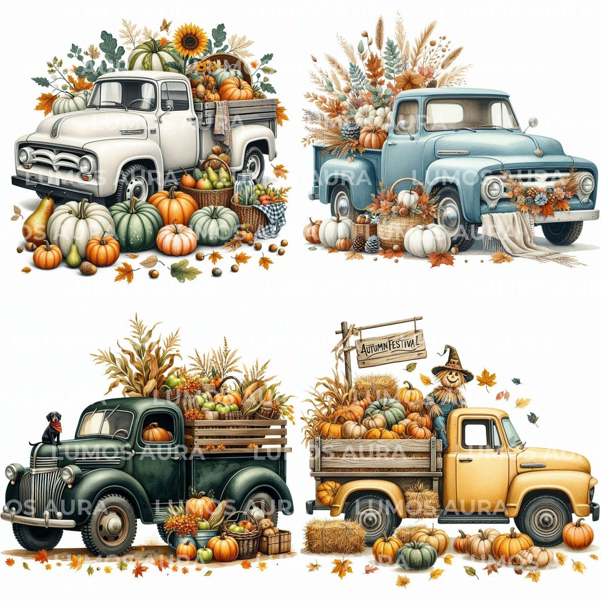 Watercolor Autumn Harvest Farm Truck Clipart JPEG Bundle, Commercial ...