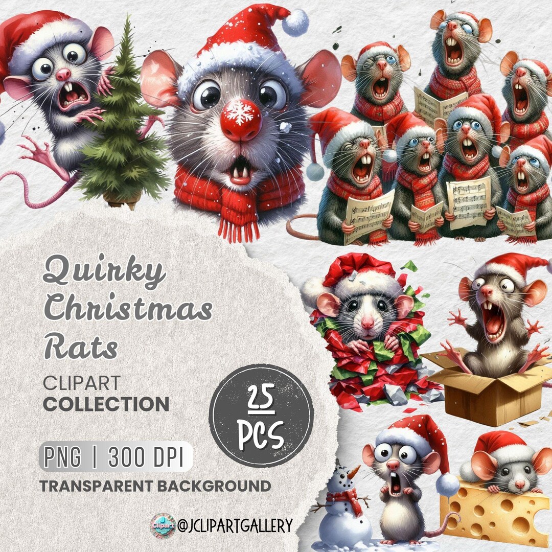 Quirky Funny Christmas Mice Mouse Rat PNG Clipart Bundle, Watercolor ...