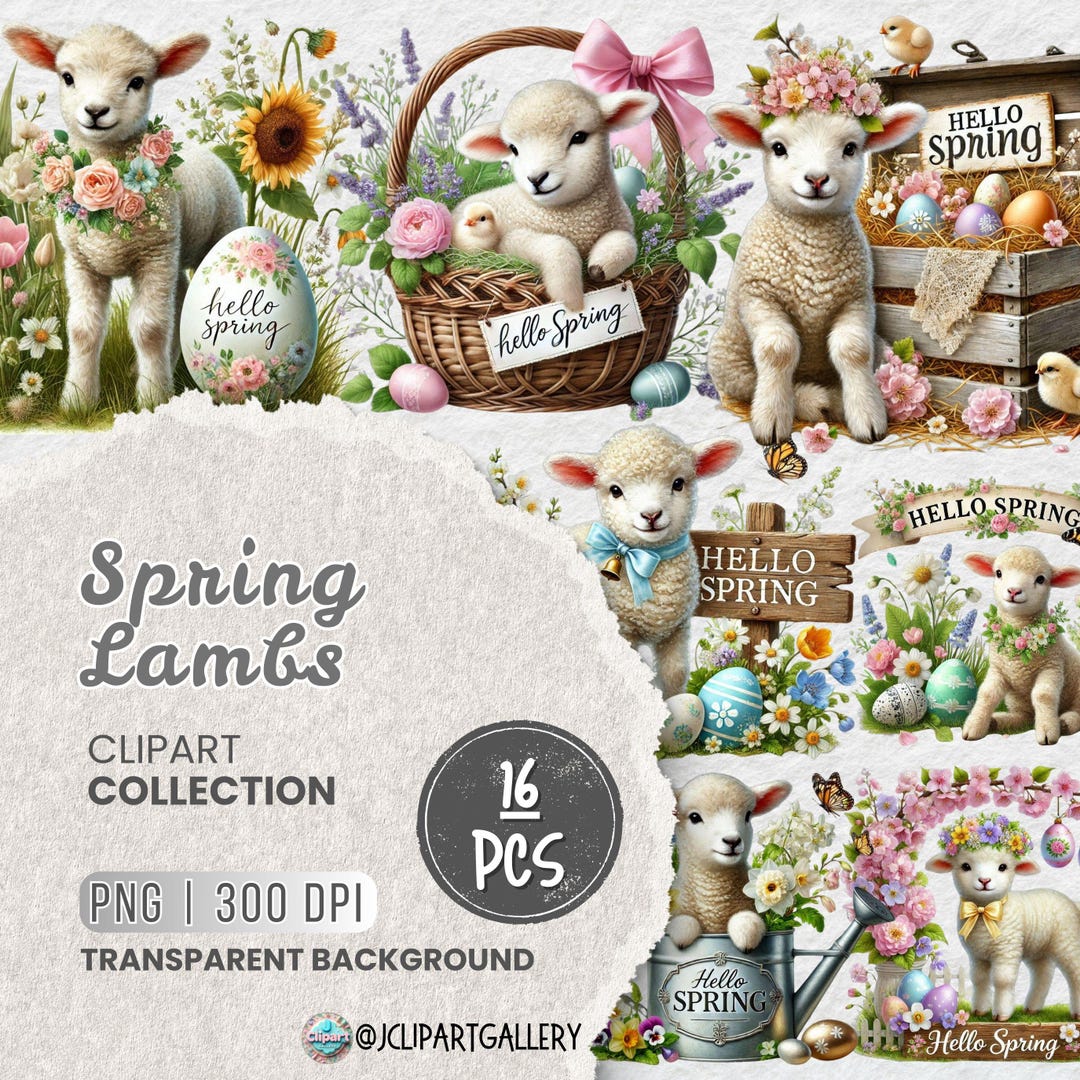 Hello Spring Lamb Clipart Png Bundle , Cute Floral Sheep PNG With ...