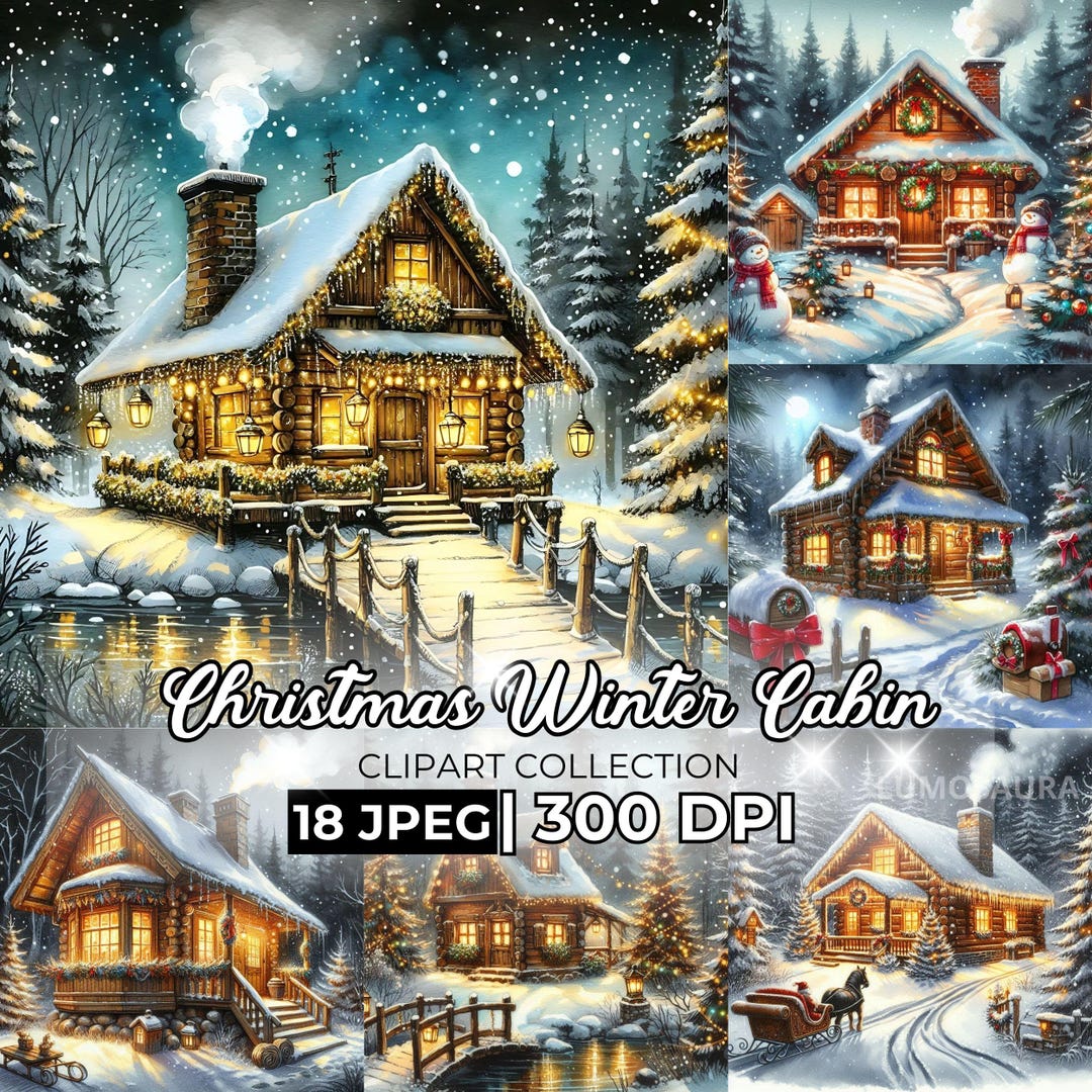 Christmas Winter Cabin Clipart Bundle, Cozy Holiday Cabin Illustrations ...