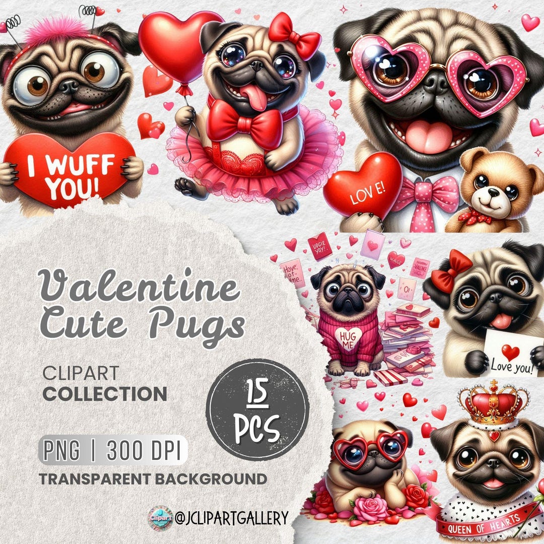 Valentine’s Day Pug Dogs Clipart Bundle, Cute Quirky Pug Dogs in Love ...