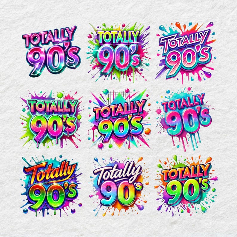 Totally 90s Clipart Bundle PNG, Vibrant Neon Retro Designs for ...