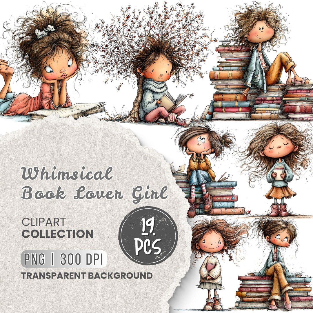 Quirky Book Lover Kids Png Clipart, Whimsical Reading Children, Bookish ...