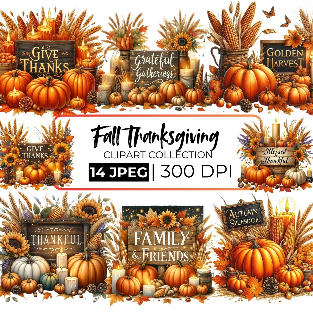 14 Fall Thanksgiving JPEG Clipart Bundle, Autumn Harvest, Printable ...
