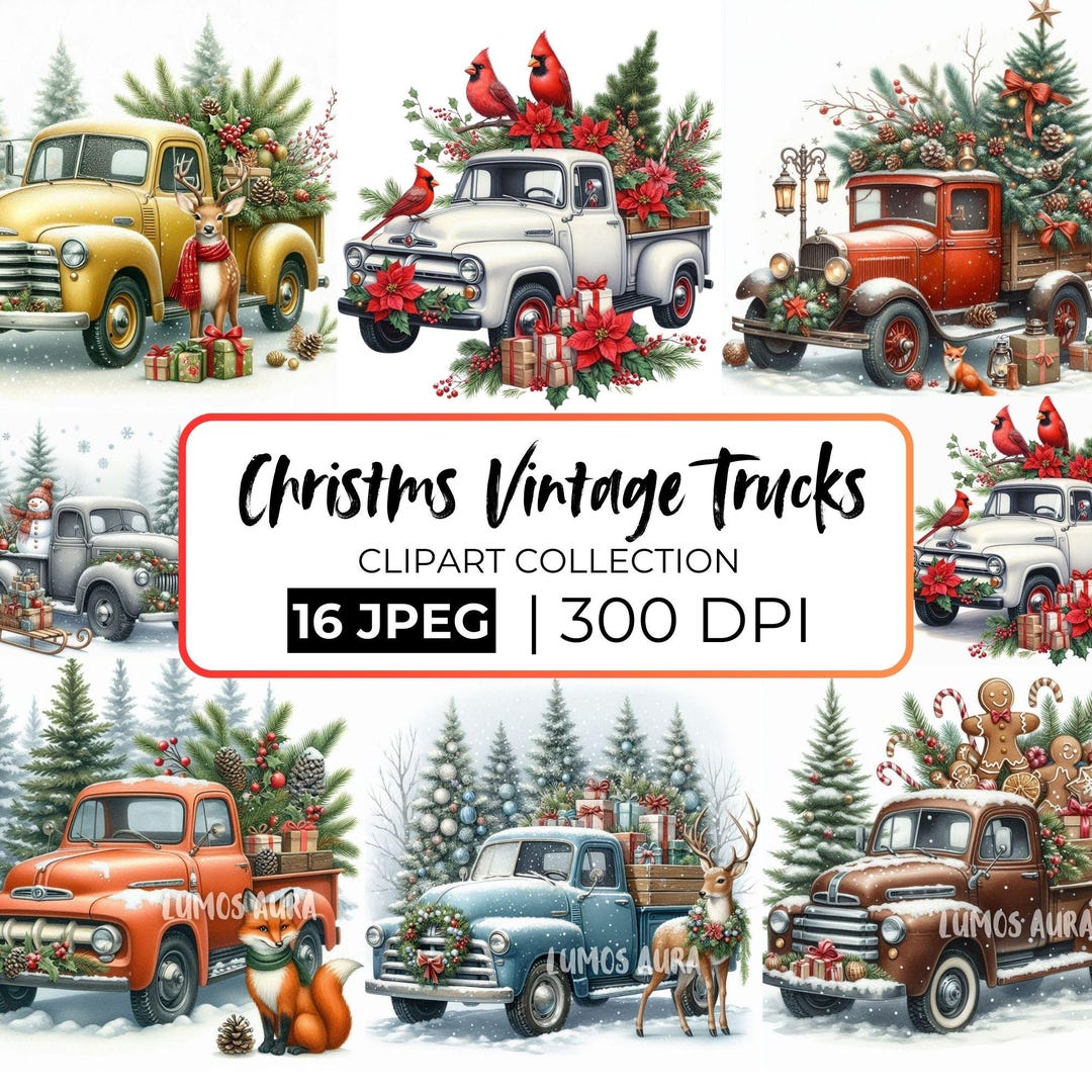Christmas Vintage Truck 16 JPG Clipart Bundle, Retro Holiday Trucks ...