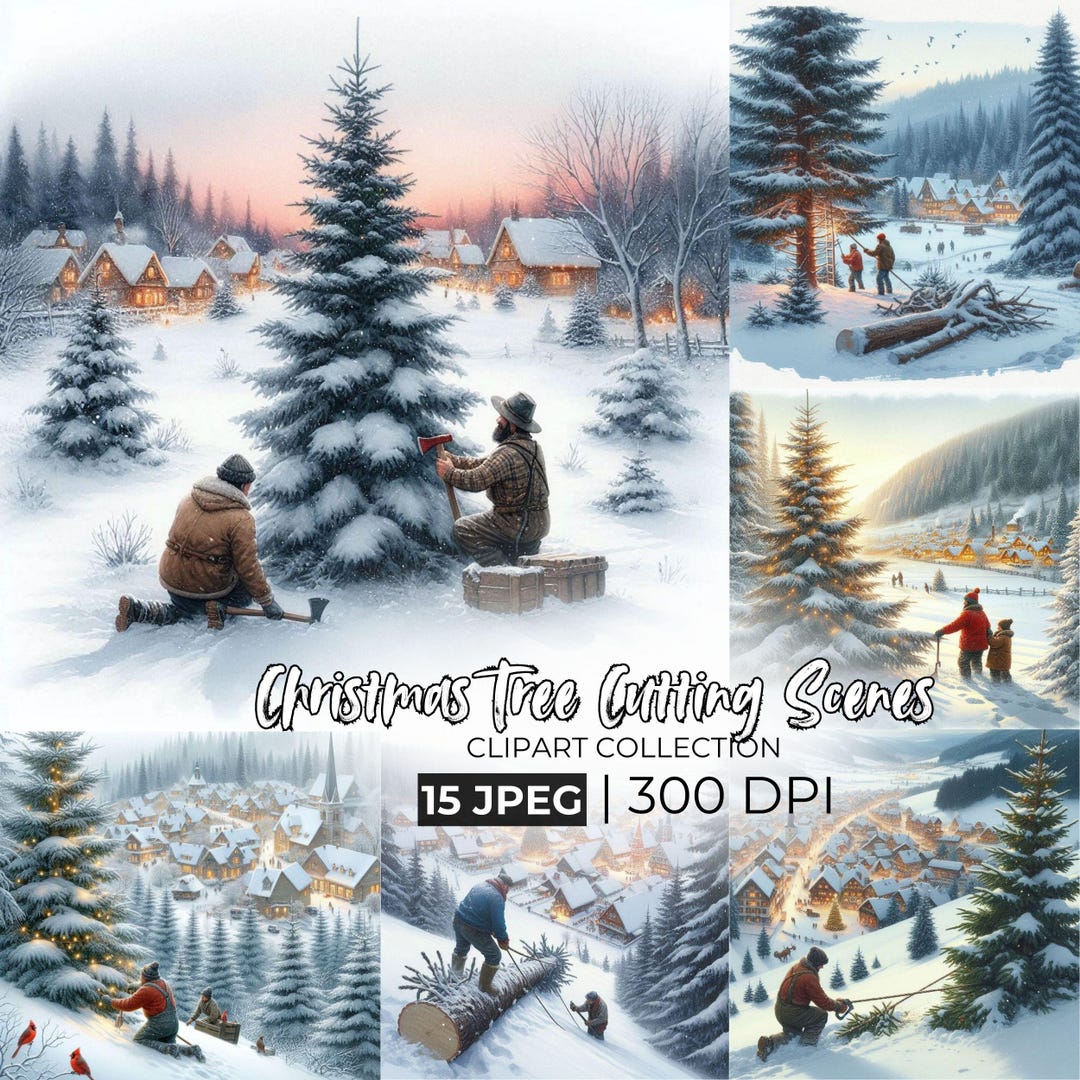 Christmas Tree Cutting Scene Clipart Bundle, Winter Forest Scene, Cozy ...