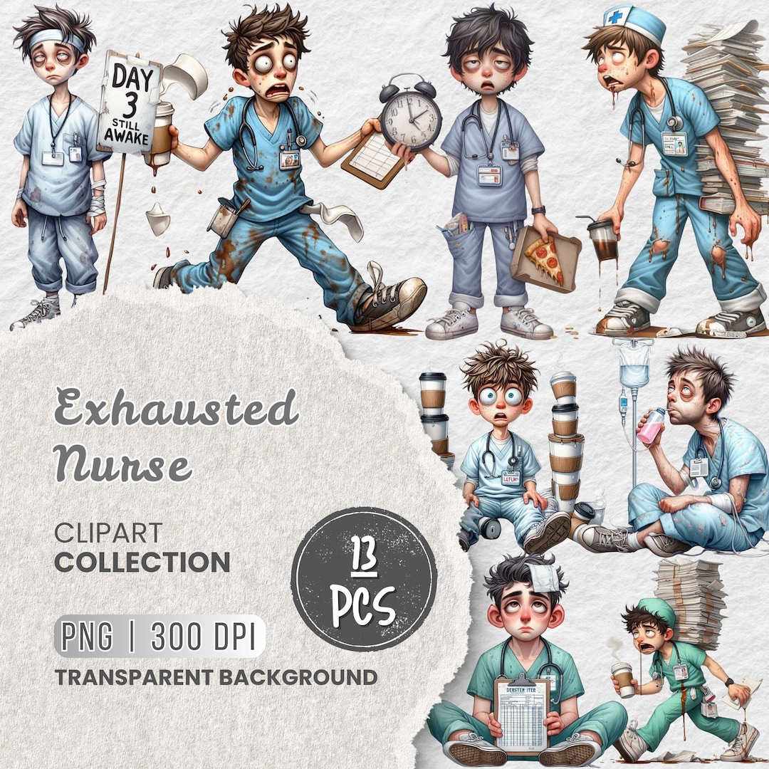Exhausted Nurse Clipart Bundle PNG, Tired Nurse Cartoon Characters ...
