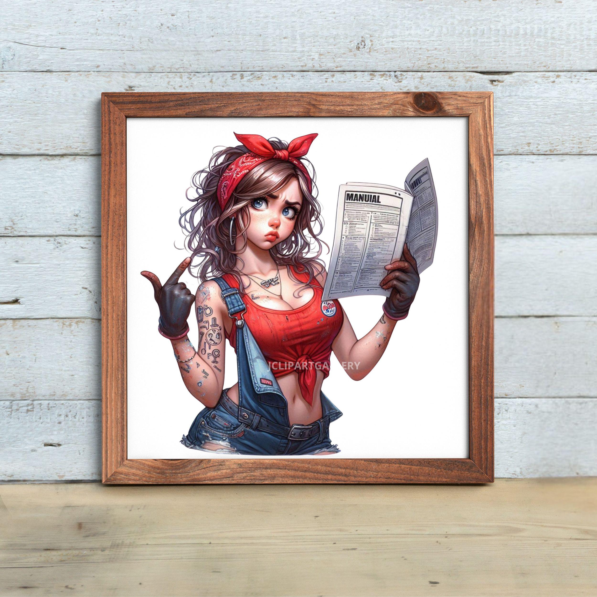 Mechanic Girl Clipart Bundle, Quirky Bandana Girl Fixes Motor PNG, Cute ...
