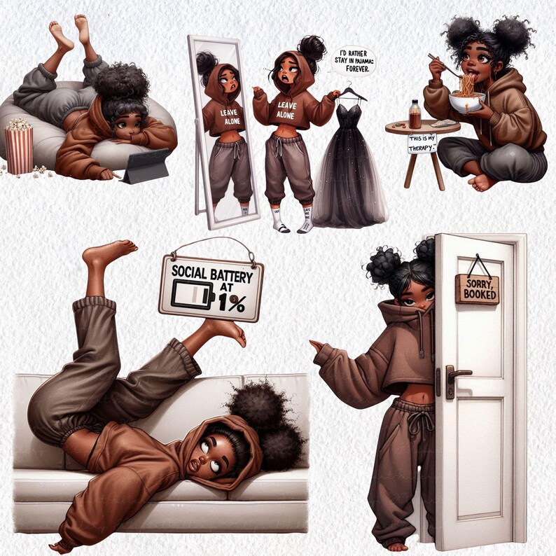 Quirky Introvert Black Girl Clipart, Social Battery Low Girl, Afro ...