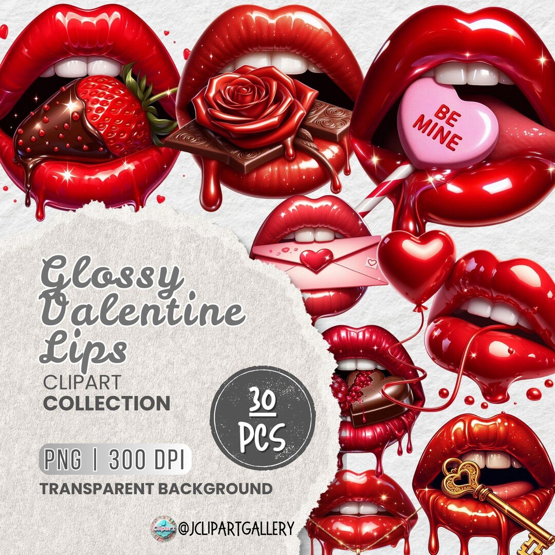 Valentine Lips Clipart Bundle PNG, Dripping Red Lips With Heart, Rose ...