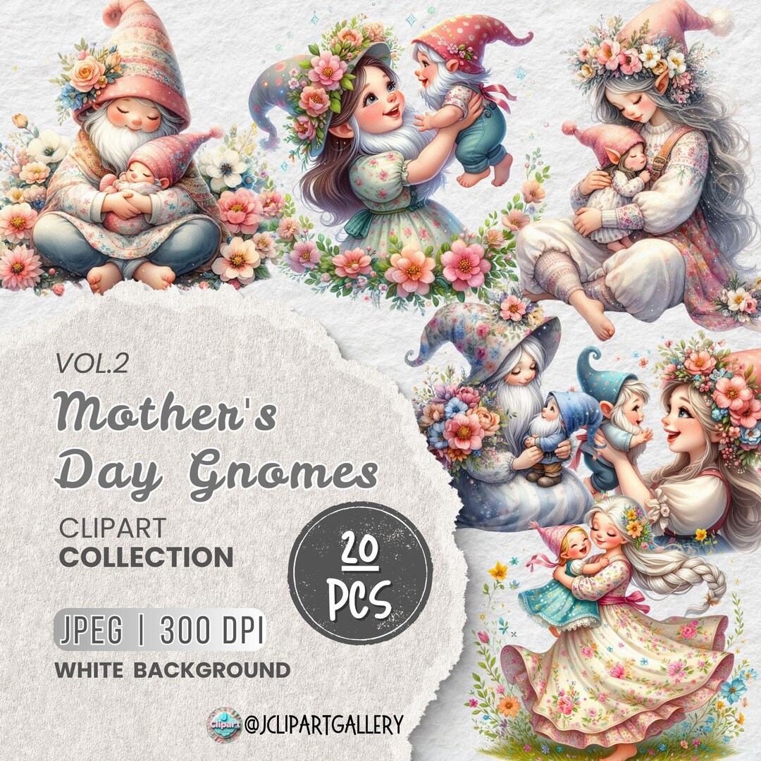 Watercolor Mothers Day Gnome JPEG Clipart Bundle, Gnome Girl Hugging ...