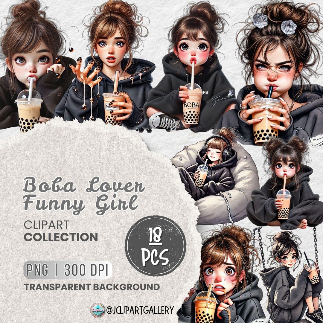 Cute Boba Lover Girl PNG Clipart Bundle, Cozy Girl, Cute Bubble Tea PNG ...