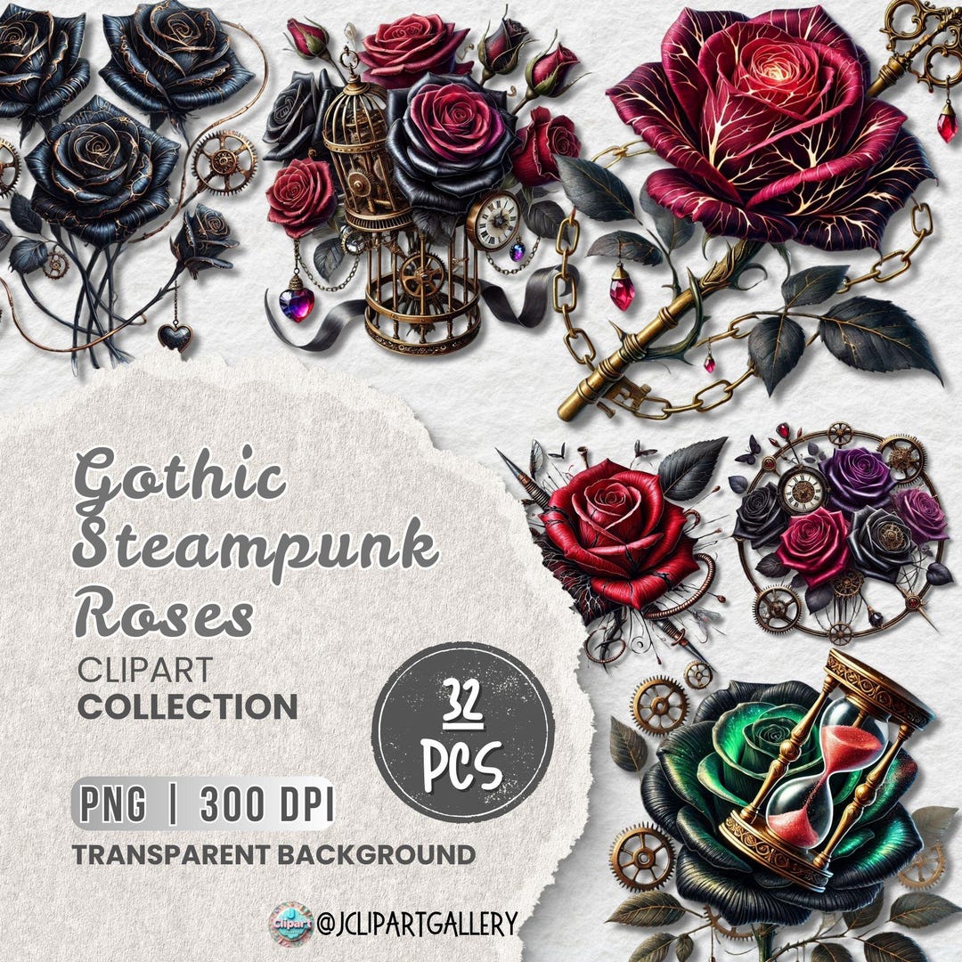 Steampunk Gothic Rose Clipart Bundle, Gothic Floral PNG, Red and Black ...