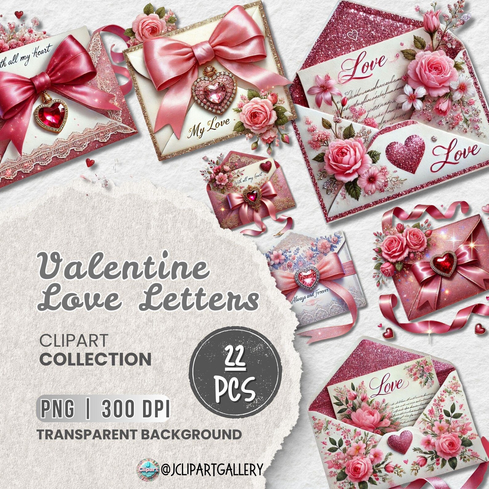 Valentine's Day Pink Love Letters Png Clipart Bundle, Romantic ...