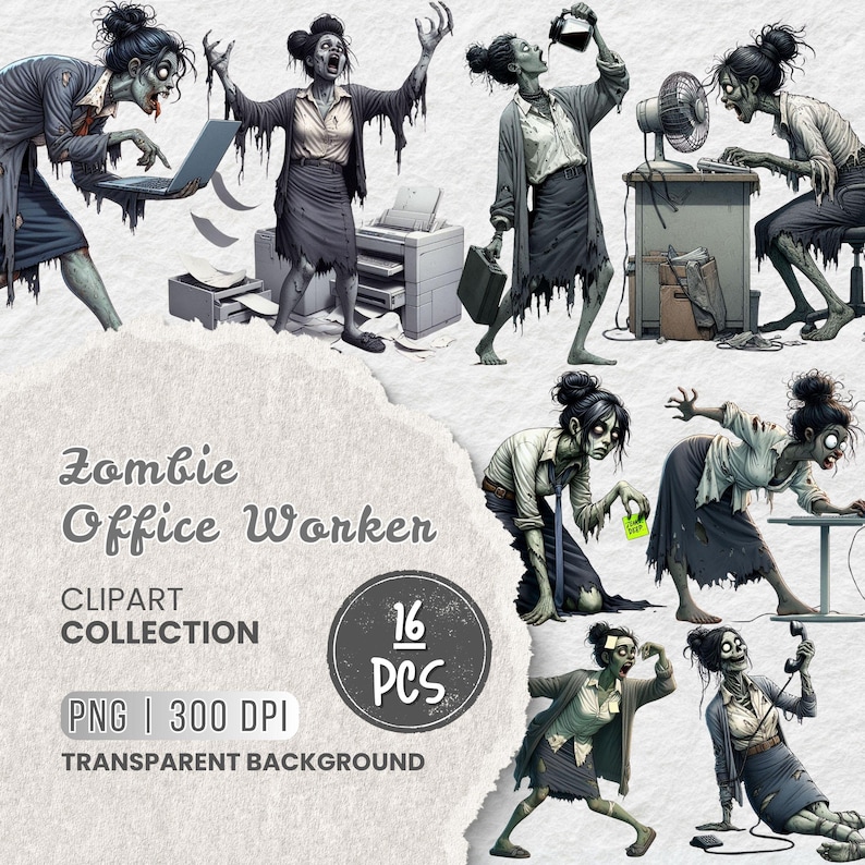 Zombie Office Worker Clipart, Funny Burnout Employee PNG Bundle, Tired ...