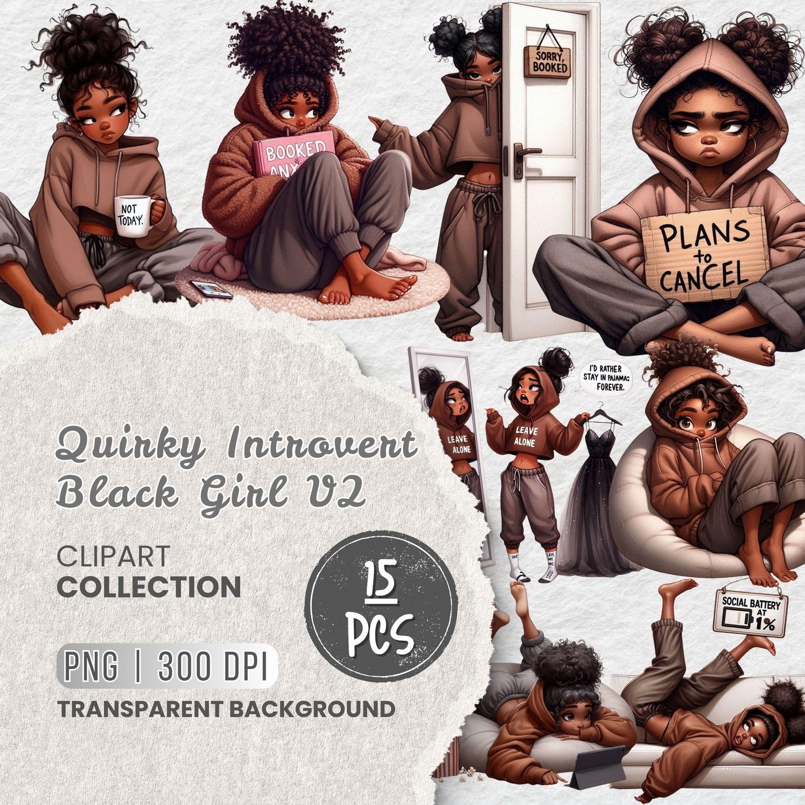 Quirky Introvert Black Girl Clipart, Social Battery Low Girl, Afro ...