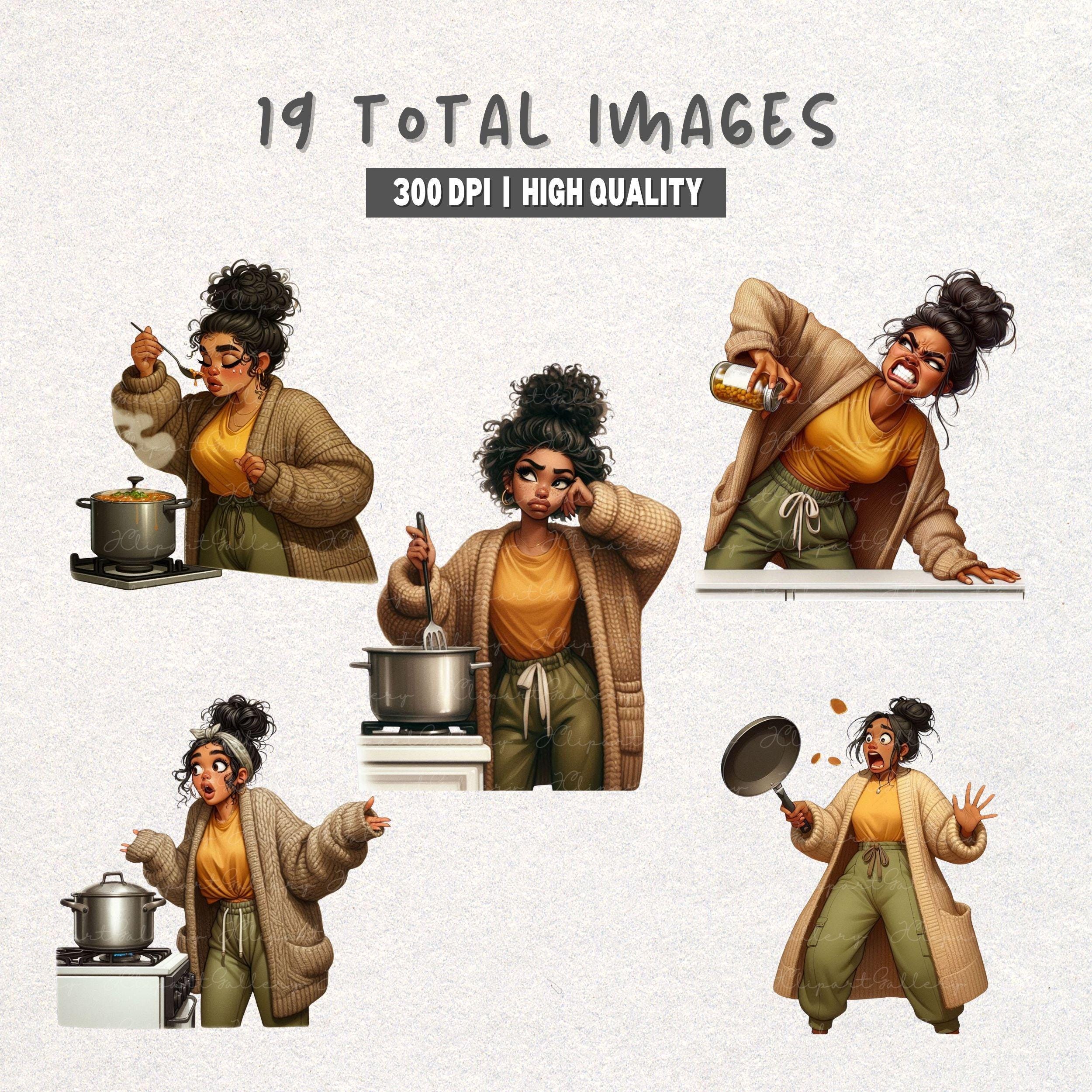 Quirky Kitchen Black Mom Clipart, Funny Cooking Mom PNG, Black Woman ...
