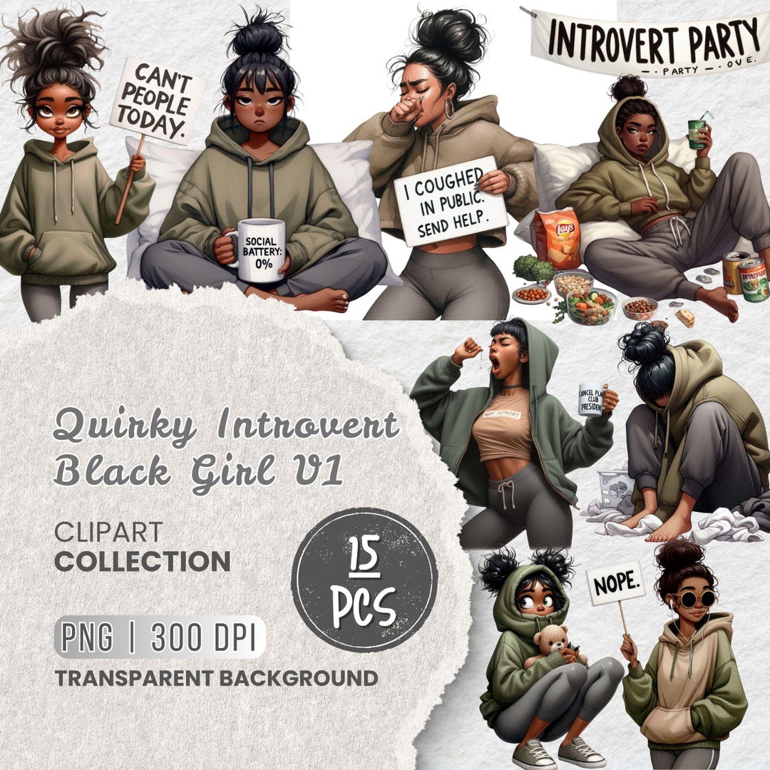 Quirky Introvert Black Girl Clipart, Social Battery Low Girl, Funny ...