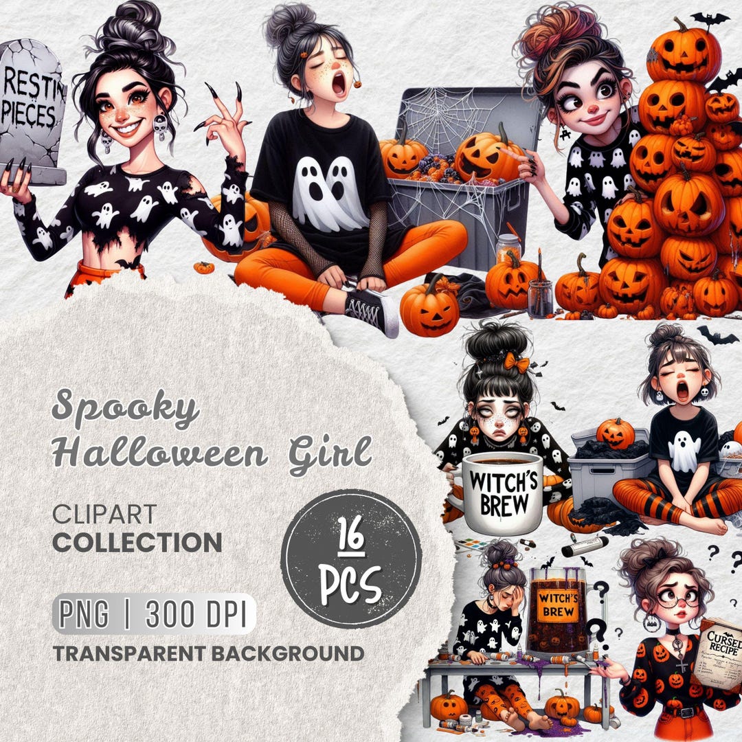 Spooky Halloween Girl Clipart PNG Bundle, Cute Witchy Girl Halloween ...