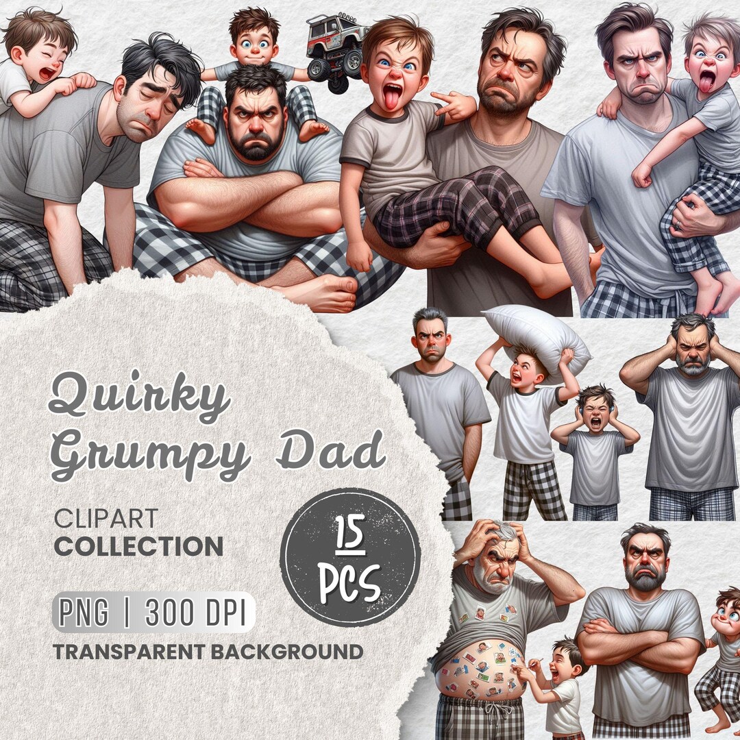 Funny Grumpy Father & Kids, Quirky Dad Clipart Bundle, Cartoon Dad Life ...