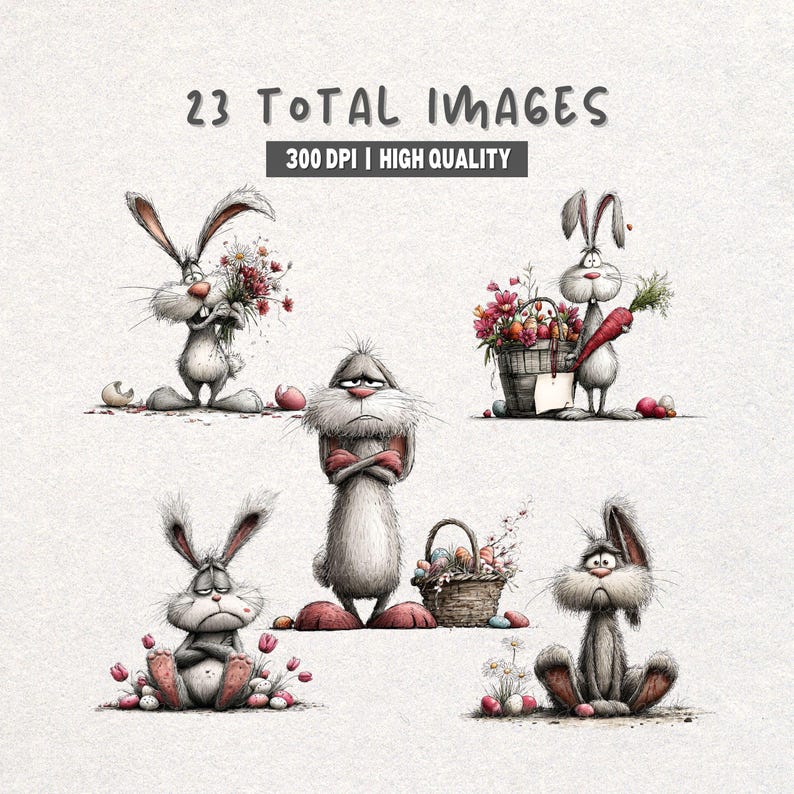 Sassy Easter Bunny Clipart, Whimsical Rabbits PNG (digital Download ...
