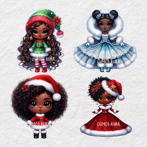 Christmas Chibi Doll Clipart PNG Bundle, Festive African American Girl ...