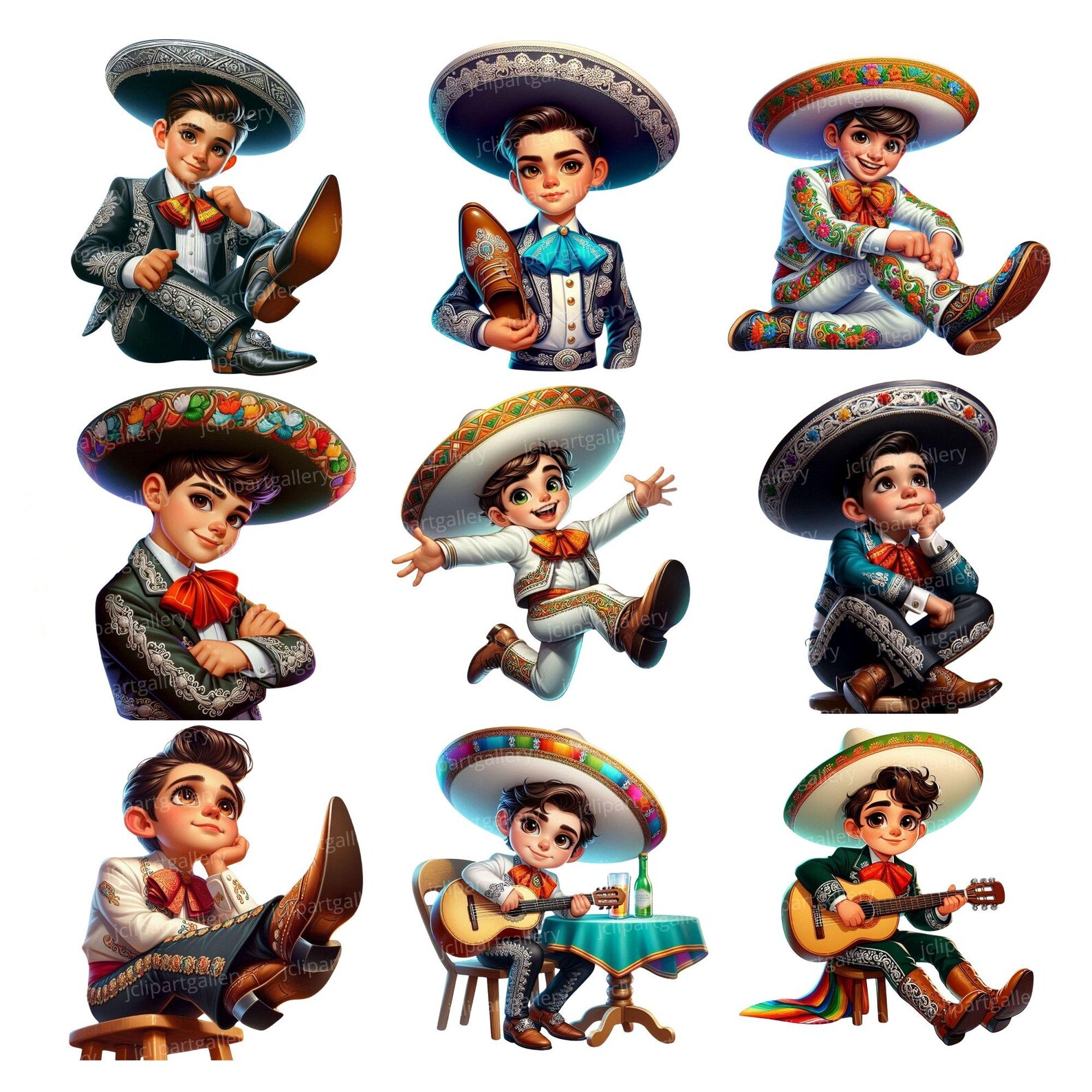 Mexican Mariachi Boys Clipart Bundle PNG, Traditional Mexican Charro ...