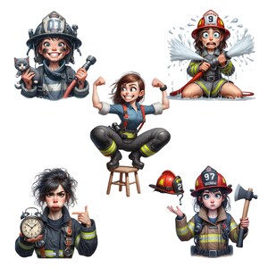 Firefighter Girl Clipart Bundle PNG, Funny Female Firefighter ...