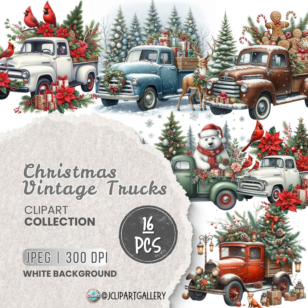 Christmas Vintage Truck 16 JPG Clipart Bundle, Retro Holiday Trucks ...