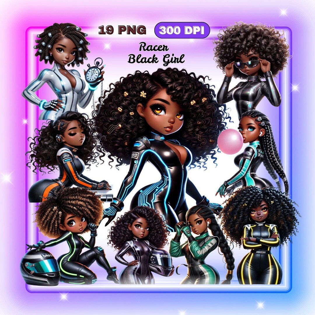 Black Girl Racing Clipart Bundle, Afro Racing Girl PNG, Race Car Driver ...
