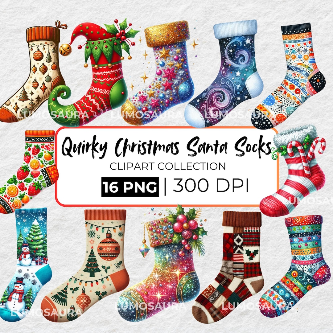 Watercolor Quirky Christmas Socks PNG Clipart Bundle, Santa Clipart ...