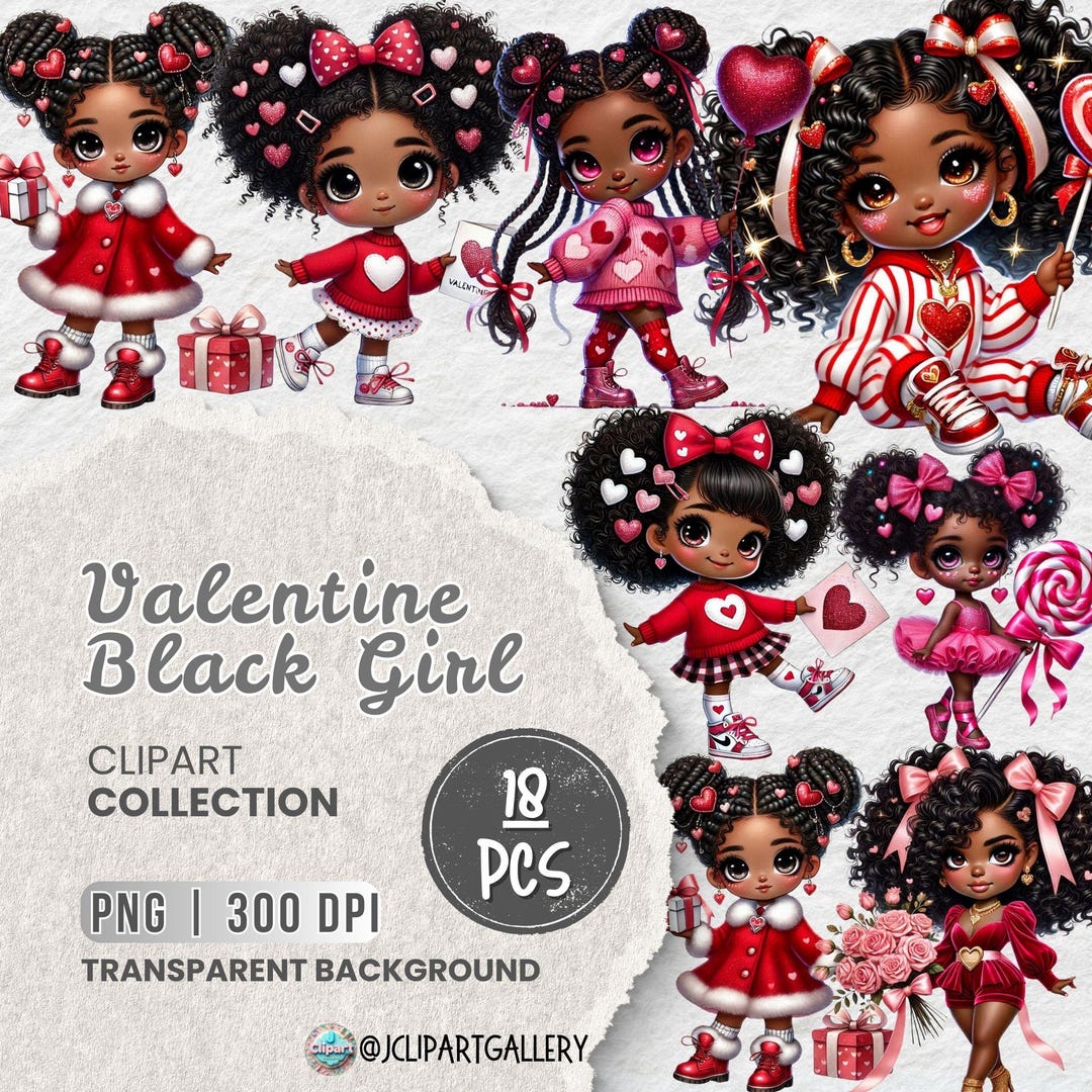 Valentine's Day Black Girl Clipart Bundle PNG, Cute Afro Girls With ...