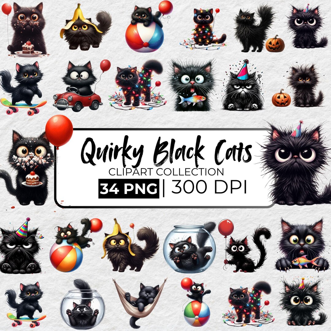Quirky Cat Clipart PNG Whimsical Cats Kitten Sublimation Clip Art Cute ...