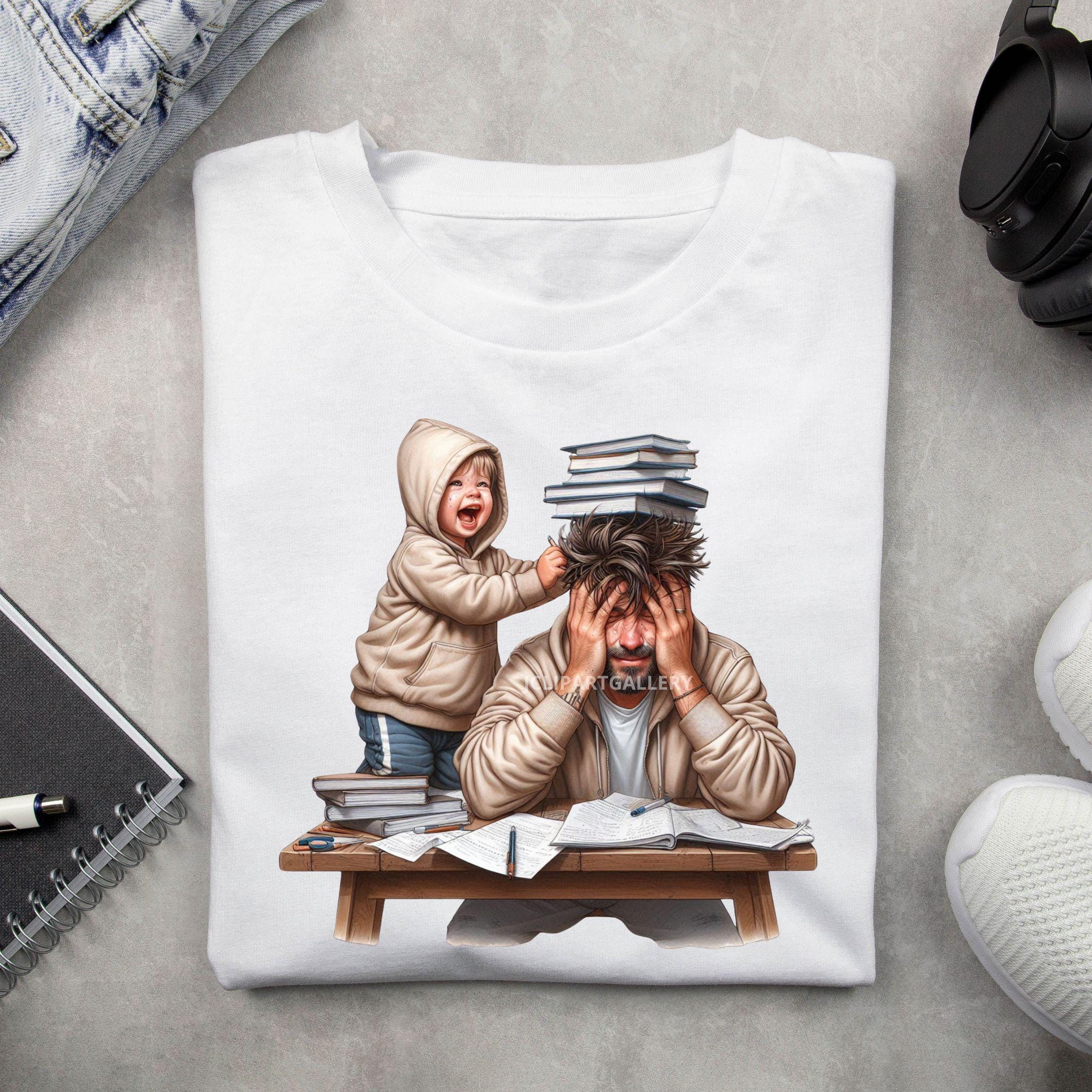 Quirky Dad and Son Studying Clipart, Funny Fatherhood PNG, Exhausted ...
