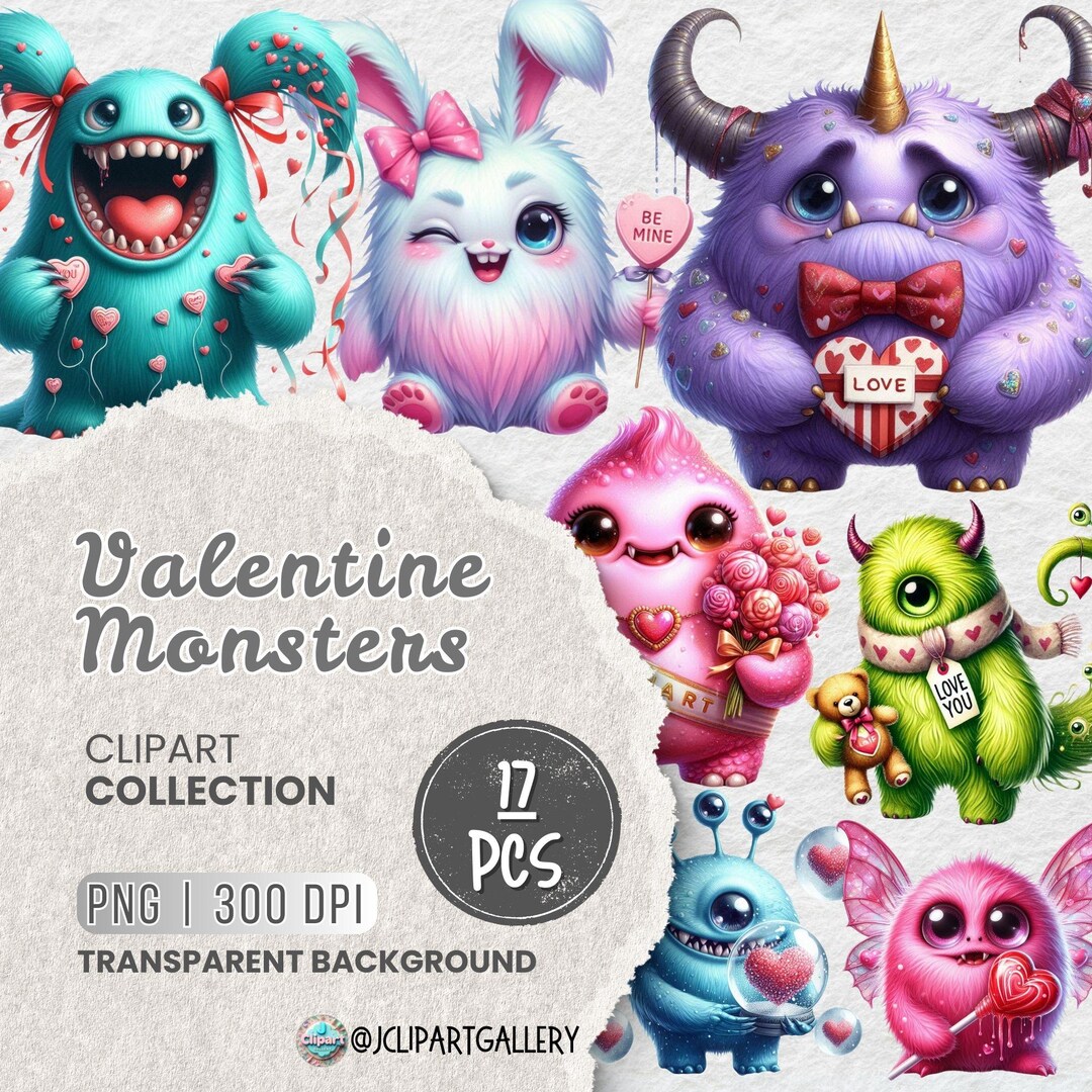 Watercolor Monsters in Love Clipart, Cute Valentine's Day Monsters ...