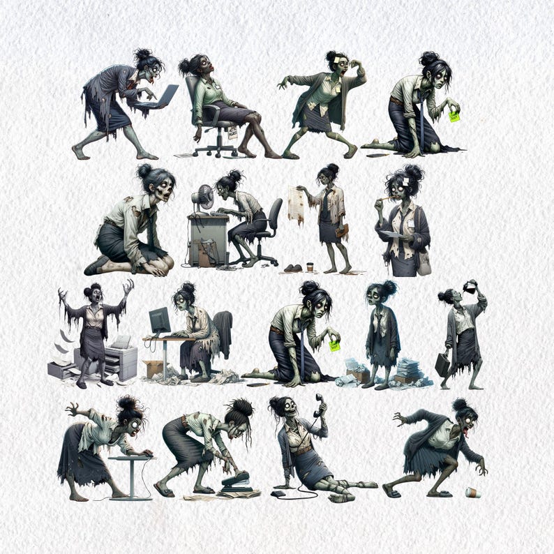 Zombie Office Worker Clipart, Funny Burnout Employee PNG Bundle, Tired ...