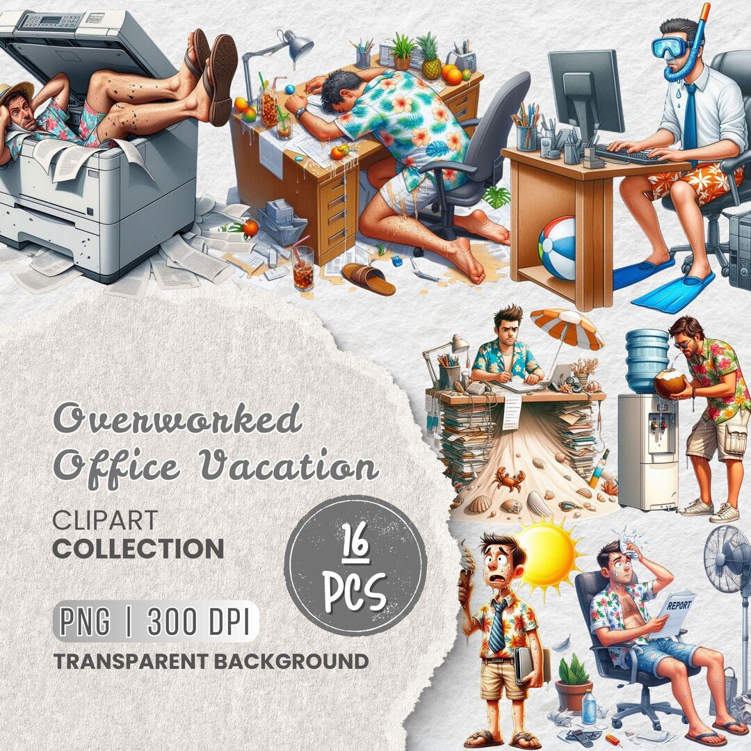 Overworked Office Vacation Clipart, Funny Burnout Office Worker Clipart ...