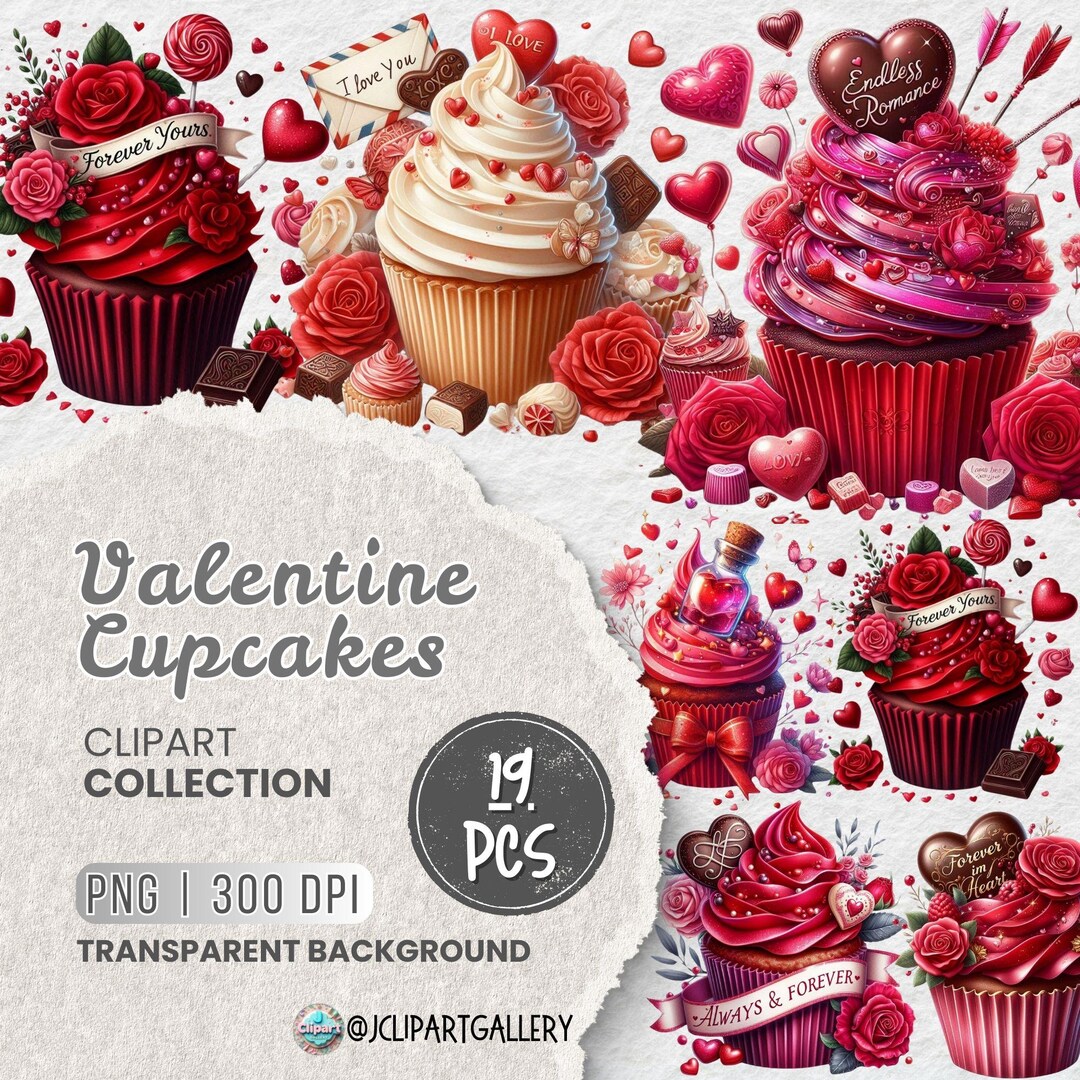 Valentine’s Day Cupcake Clipart Bundle PNG, Romantic Red & Pink Heart ...