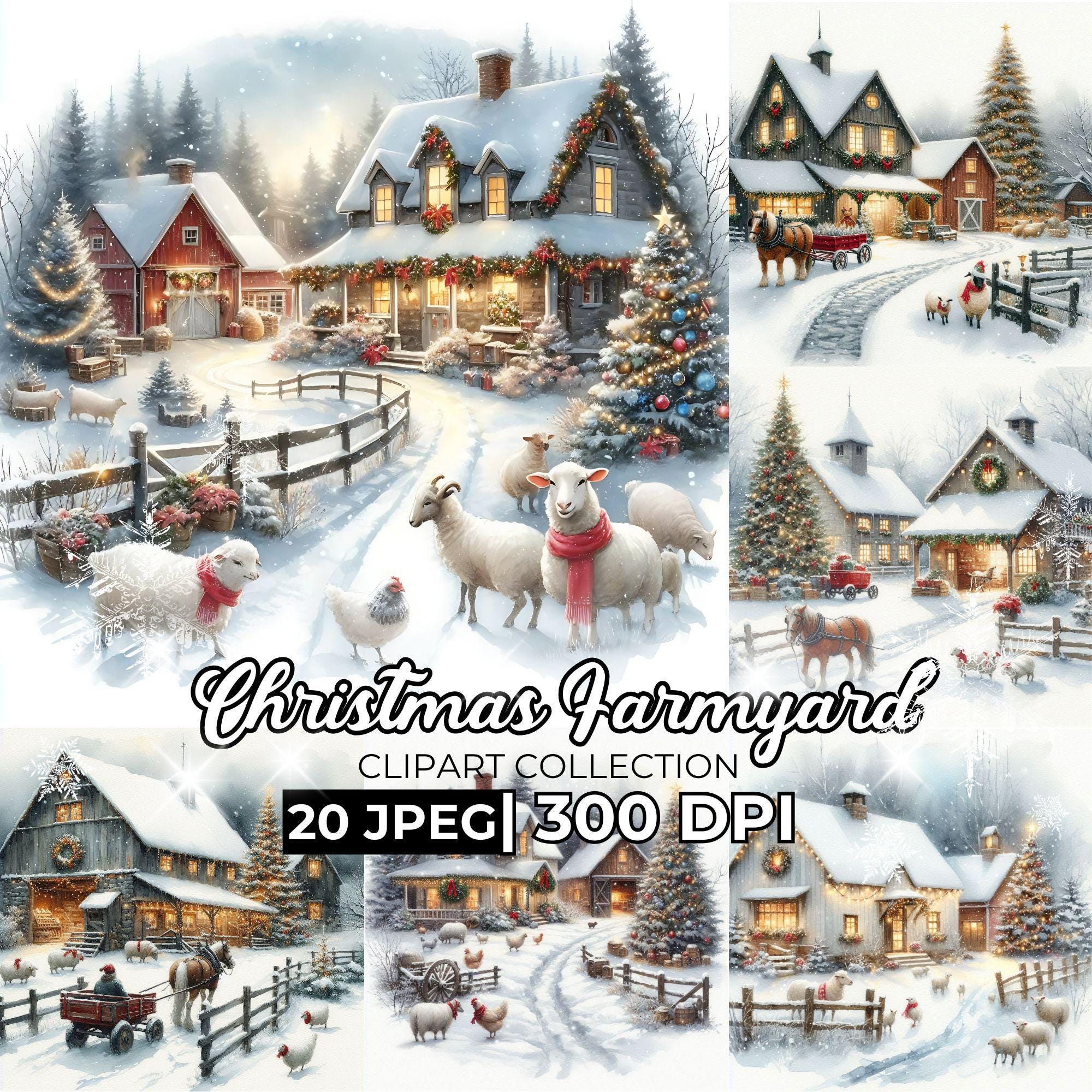 Watercolor Winter Countryside View, Christmas Winter Farmyard ...