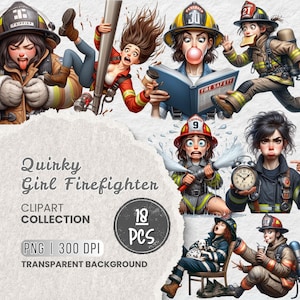 Firefighter Girl Clipart Bundle PNG, Funny Female Firefighter ...