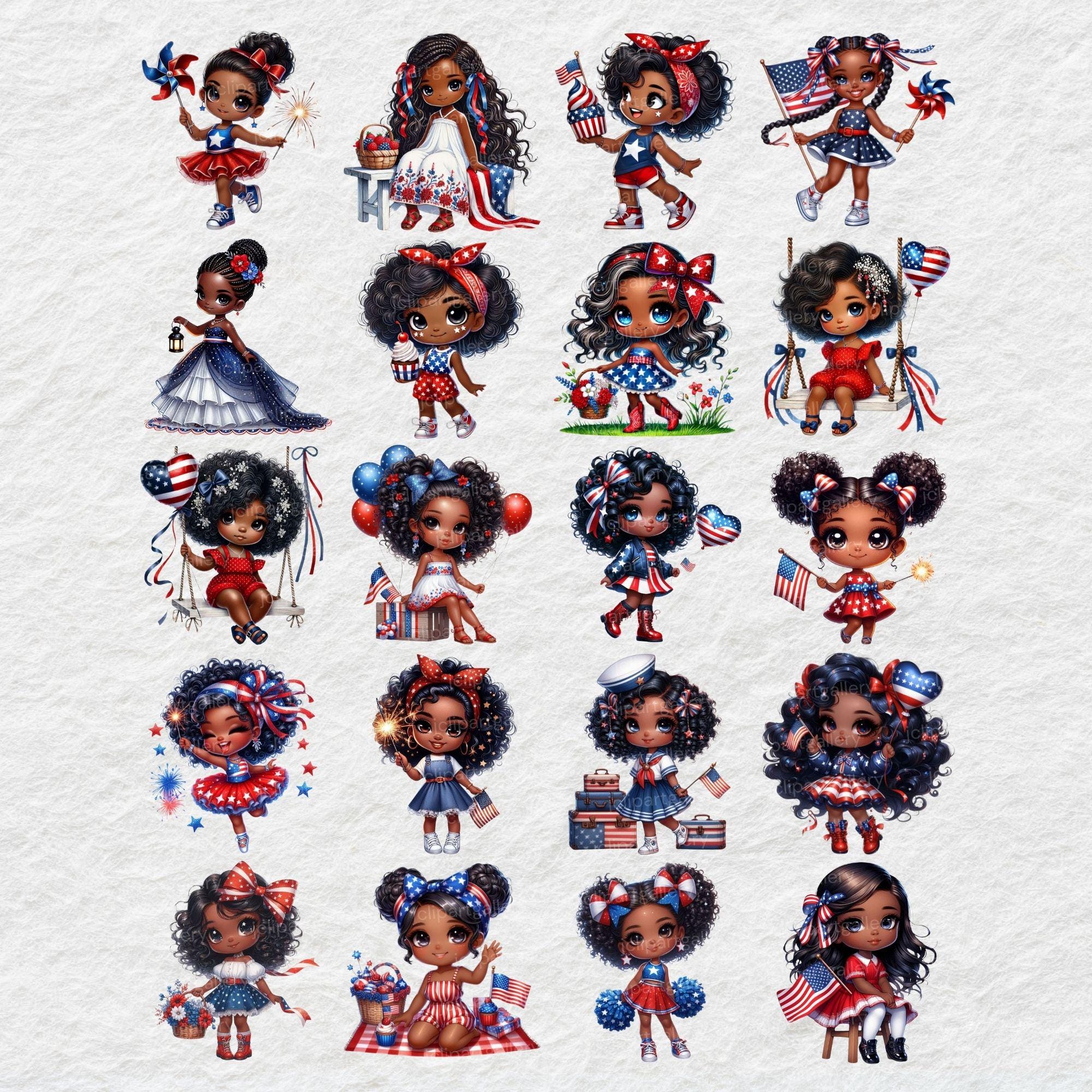 4th of July Black Girl Chibi Clipart Bundle, Patriotic Afro-american ...