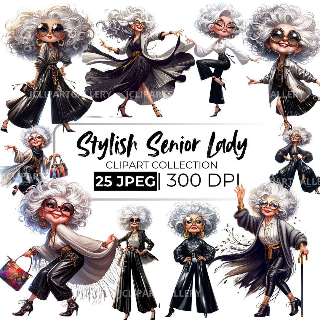 Fashionable Granny JPEG Clipart Bundle, Glamorous Senior Woman Cartoon ...