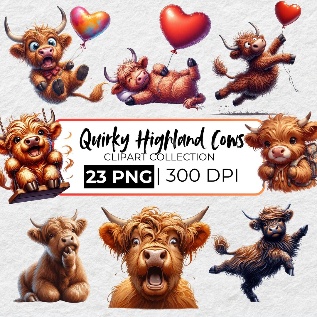 23 Funny Highland Cow PNG Clipart Bundle, Quirky Highland Cows, Funny ...