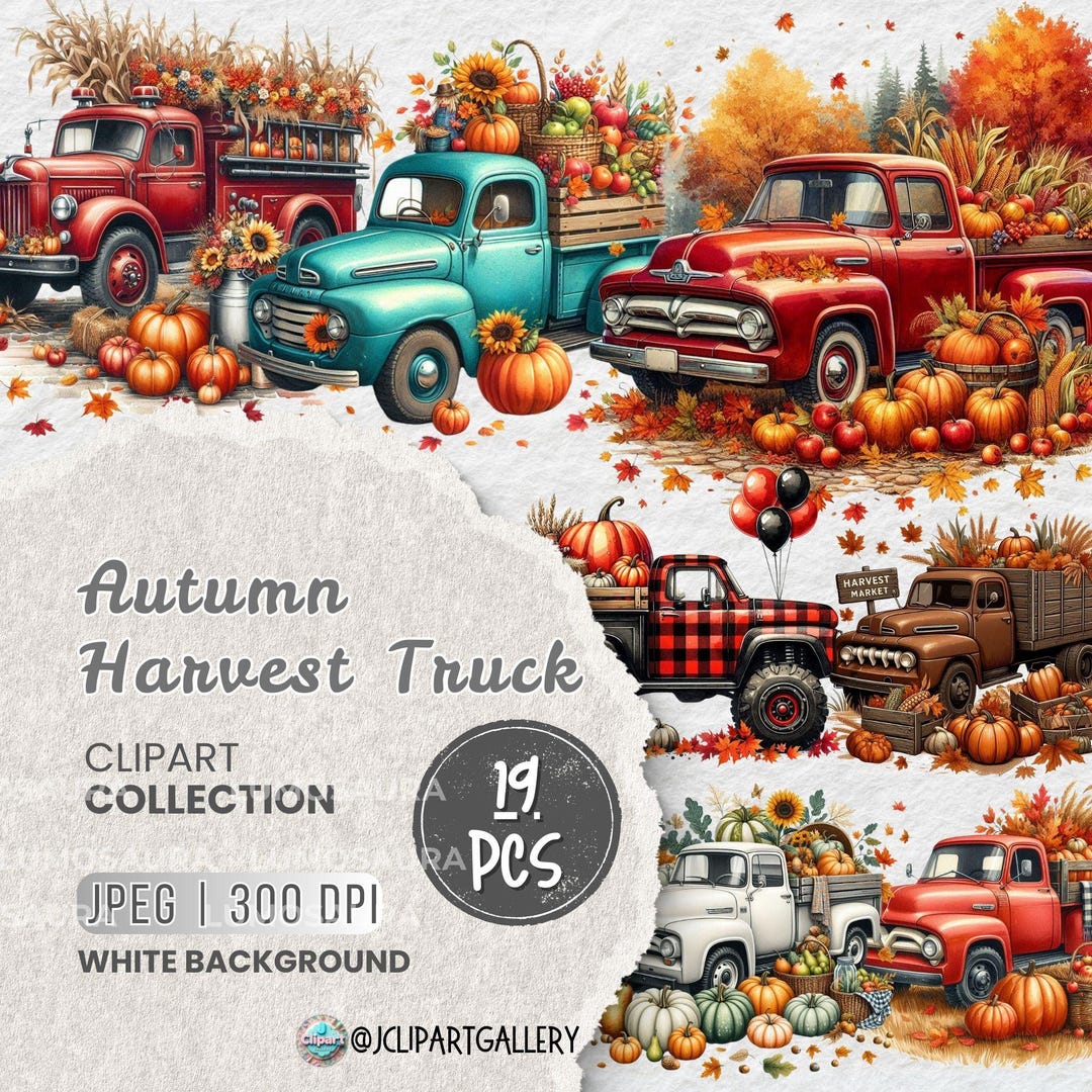 Watercolor Autumn Harvest Farm Truck Clipart JPEG Bundle, Commercial ...