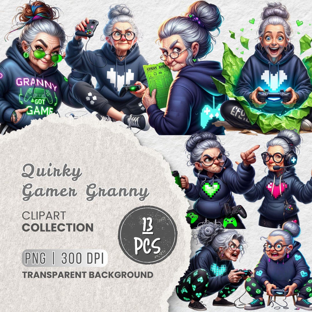 Quirky Gamer Grandma Clipart Bundle, Funny PNG Digital Stickers (300 ...