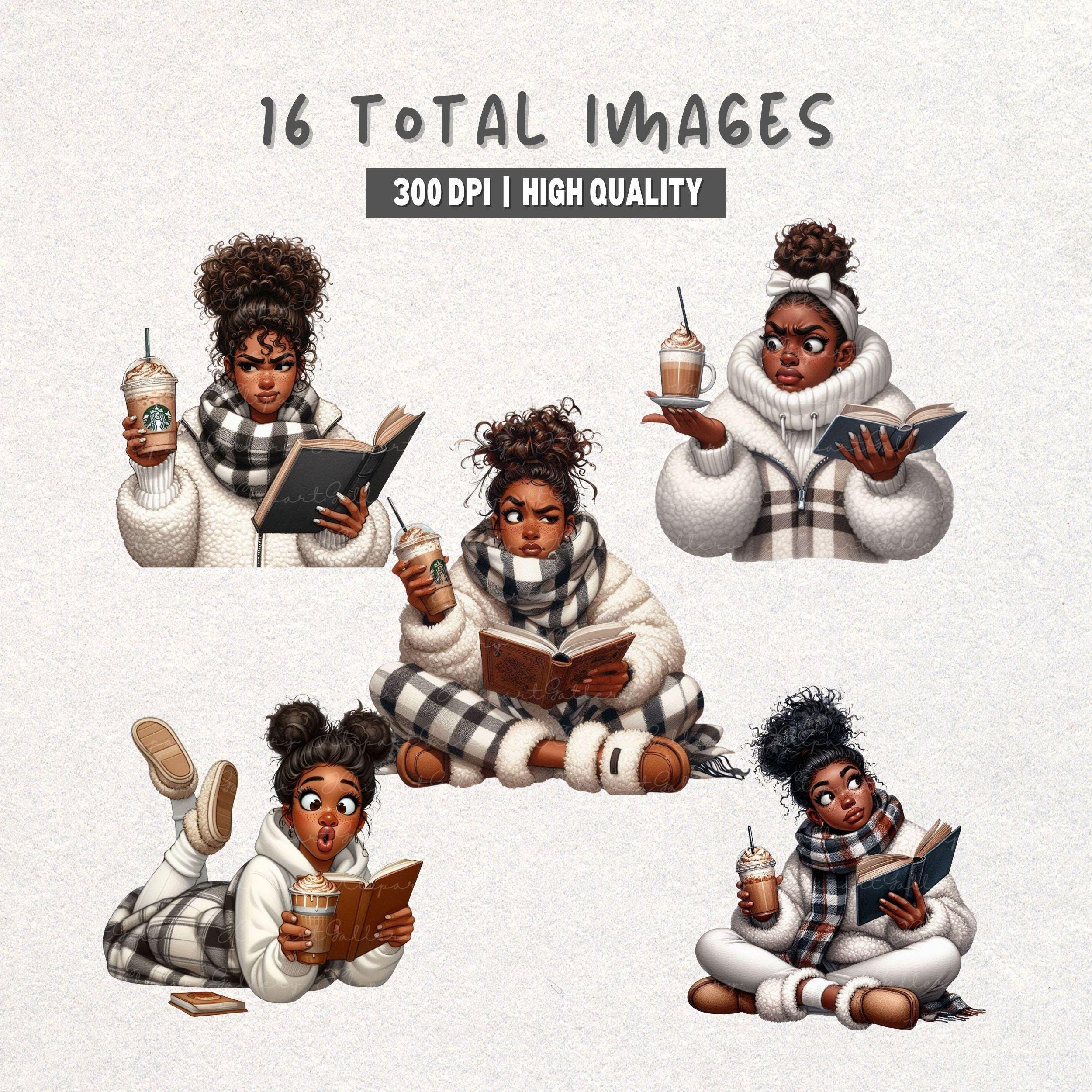 Black Girl Reading Clipart Bundle, Cozy Bookish Winter Png, Afro ...