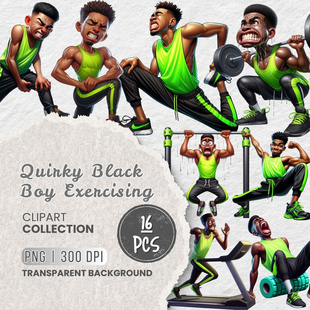Quirky Black Boy Exercising, Funny Workout Character, Gym Exercise ...