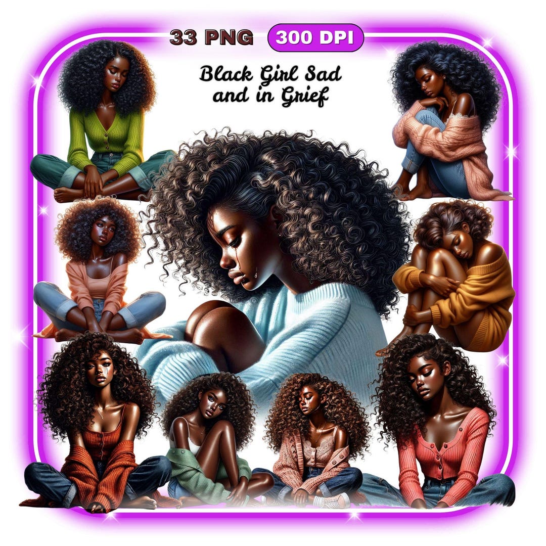 33 Black Afro Women Grief and Sad Png Bundle Sadness Clipart Black Girl ...